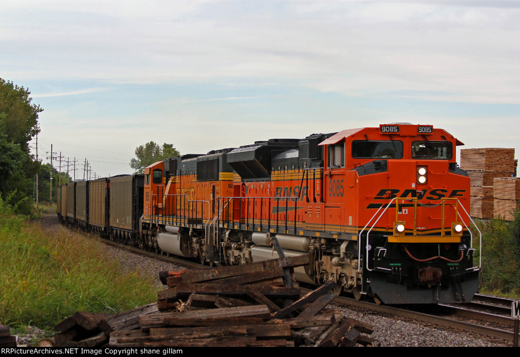 BNSF 9085 Leans into the curve with a coal load.